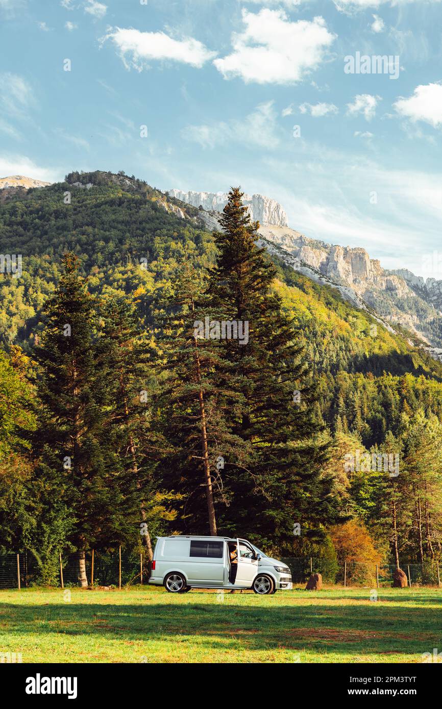 Camper van with amazing landscape views of forest and mountains. Van ...