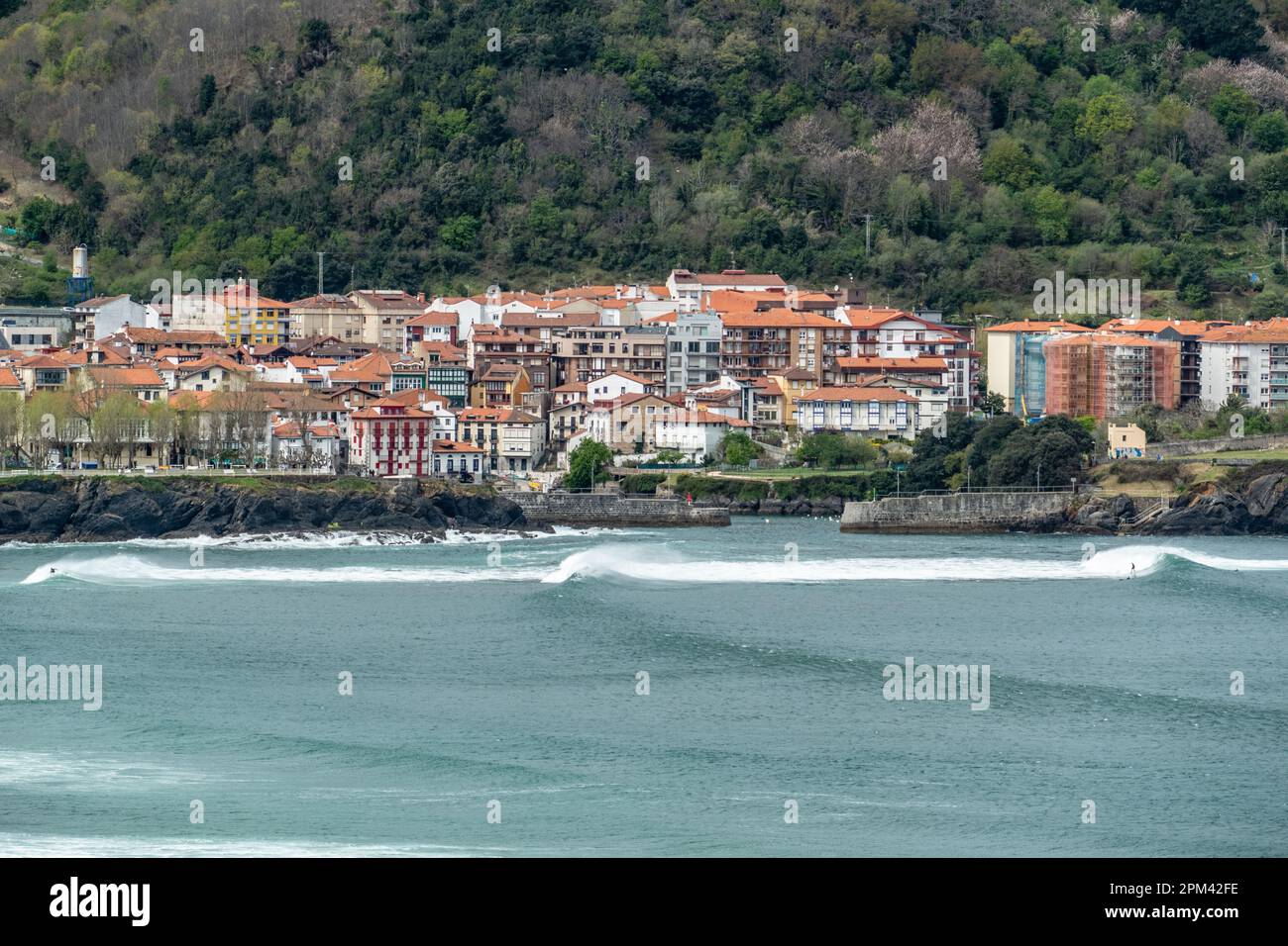aerial view of quiet seaside town od Mundaka , province of Bizkaia ...