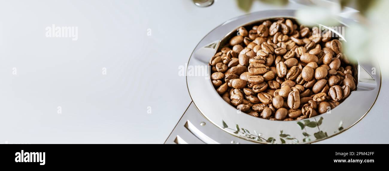 Coffee banner with natural roasted coffee beans in bean hopper, part of ...