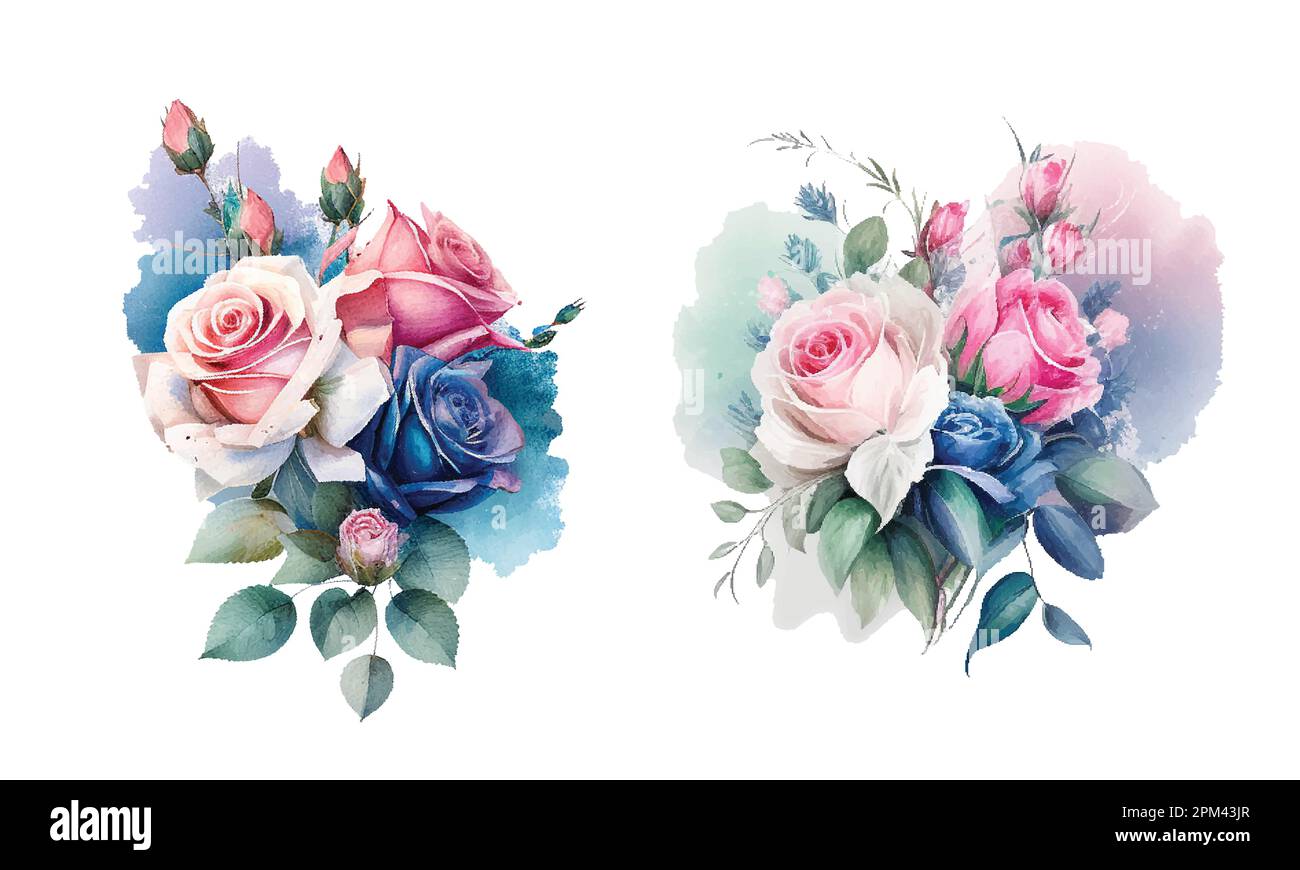 Set of floral branch. Flower pink and blue rose, green leaves. Wedding ...