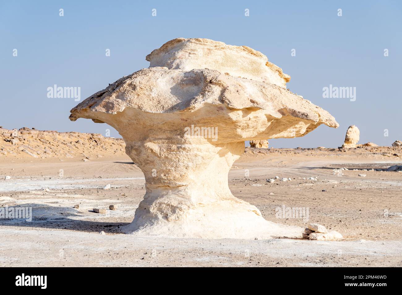 A mushroom shaped white rock chalk outcrop in the white desert in ...