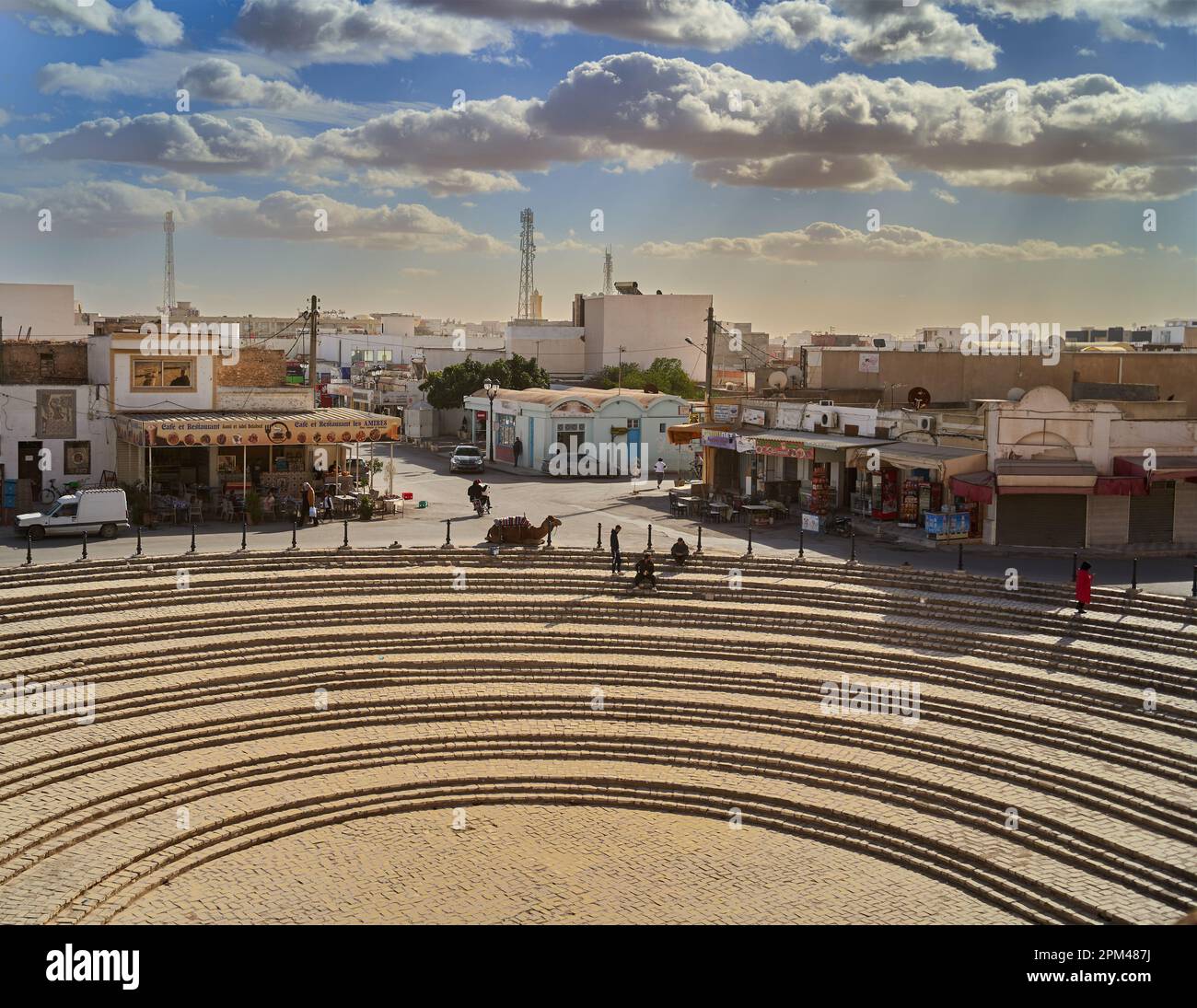 El Jem, Tunisia, January 10, 2023: Top view of the arena of the great ...
