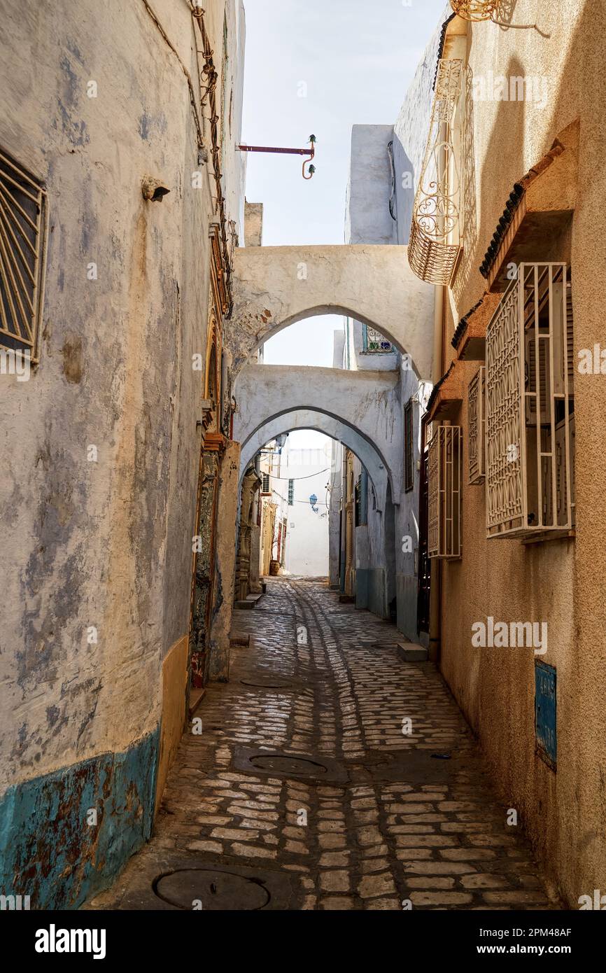 Sousse, Tunisia, January 15, 2023: Narrow cobbled narrow lane in the ...
