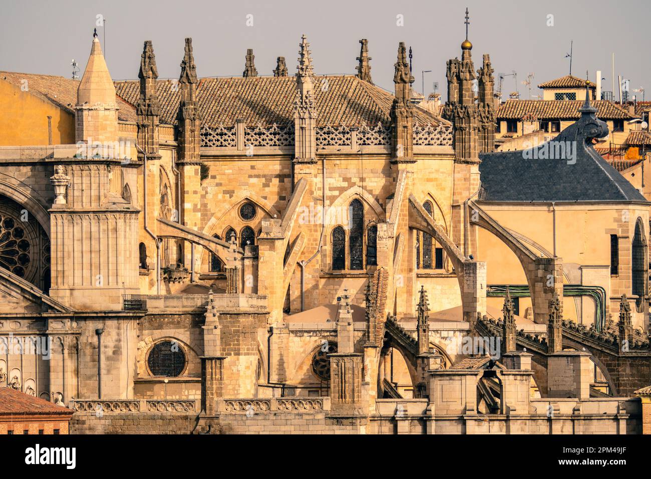Telephoto lens view of the Cathedral of Toledo. Detail of archs in the ...