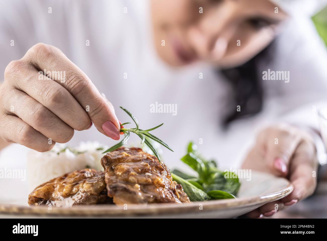 Close-up view of chef's fingers with rosemary sprig decorating food in ...