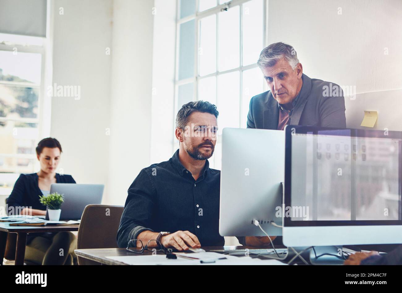Productive teamwork in action. colleagues using a computer together in ...