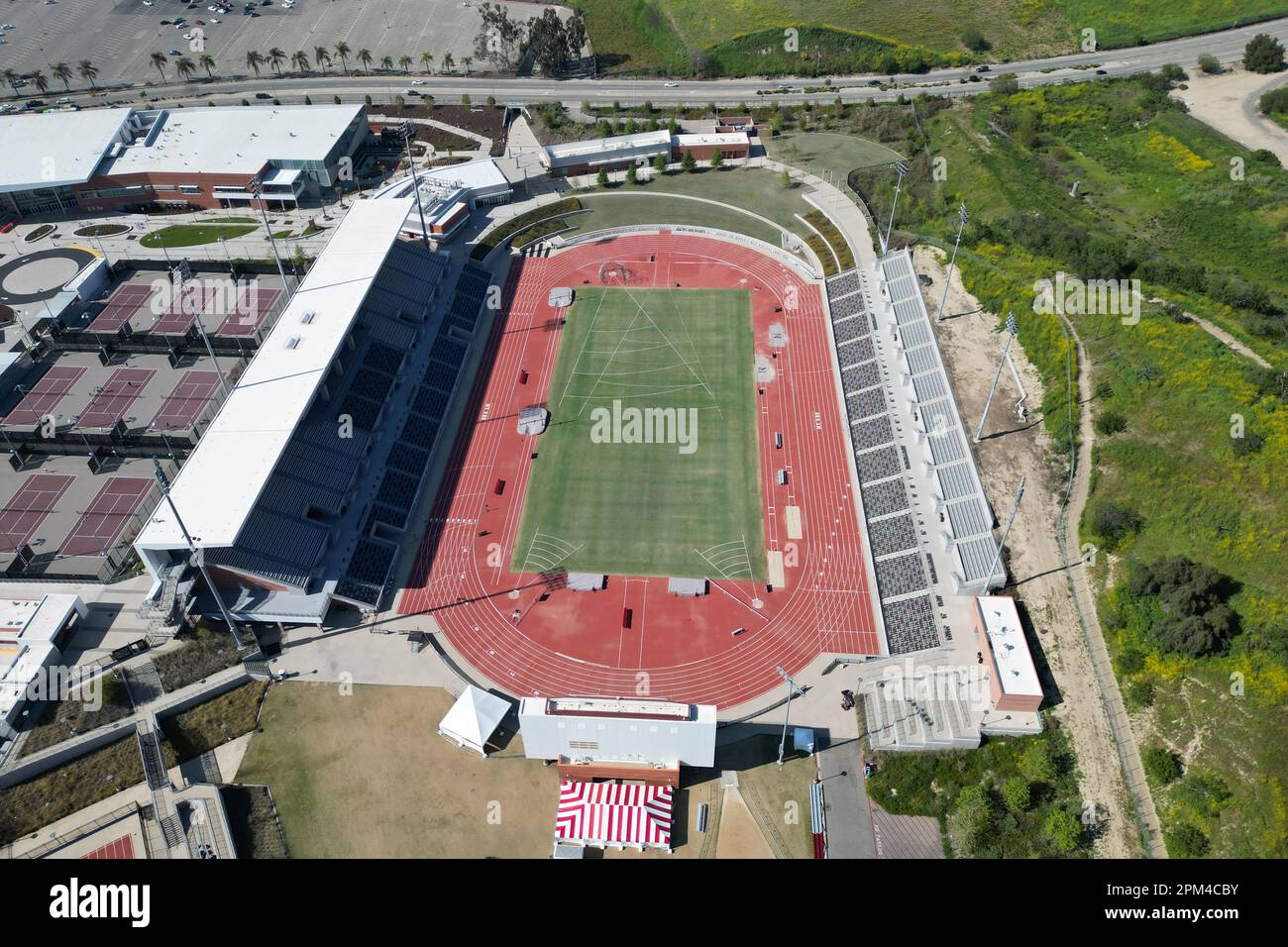 A general overall aerial view of Hilmer Lodge Stadium on the campus of ...