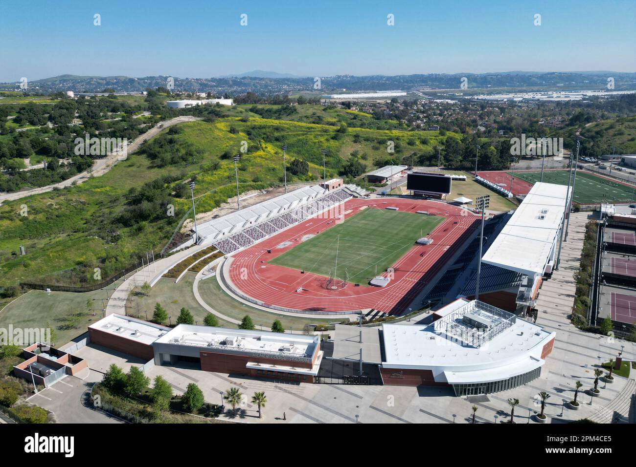 A general overall aerial view of Hilmer Lodge Stadium on the campus of ...