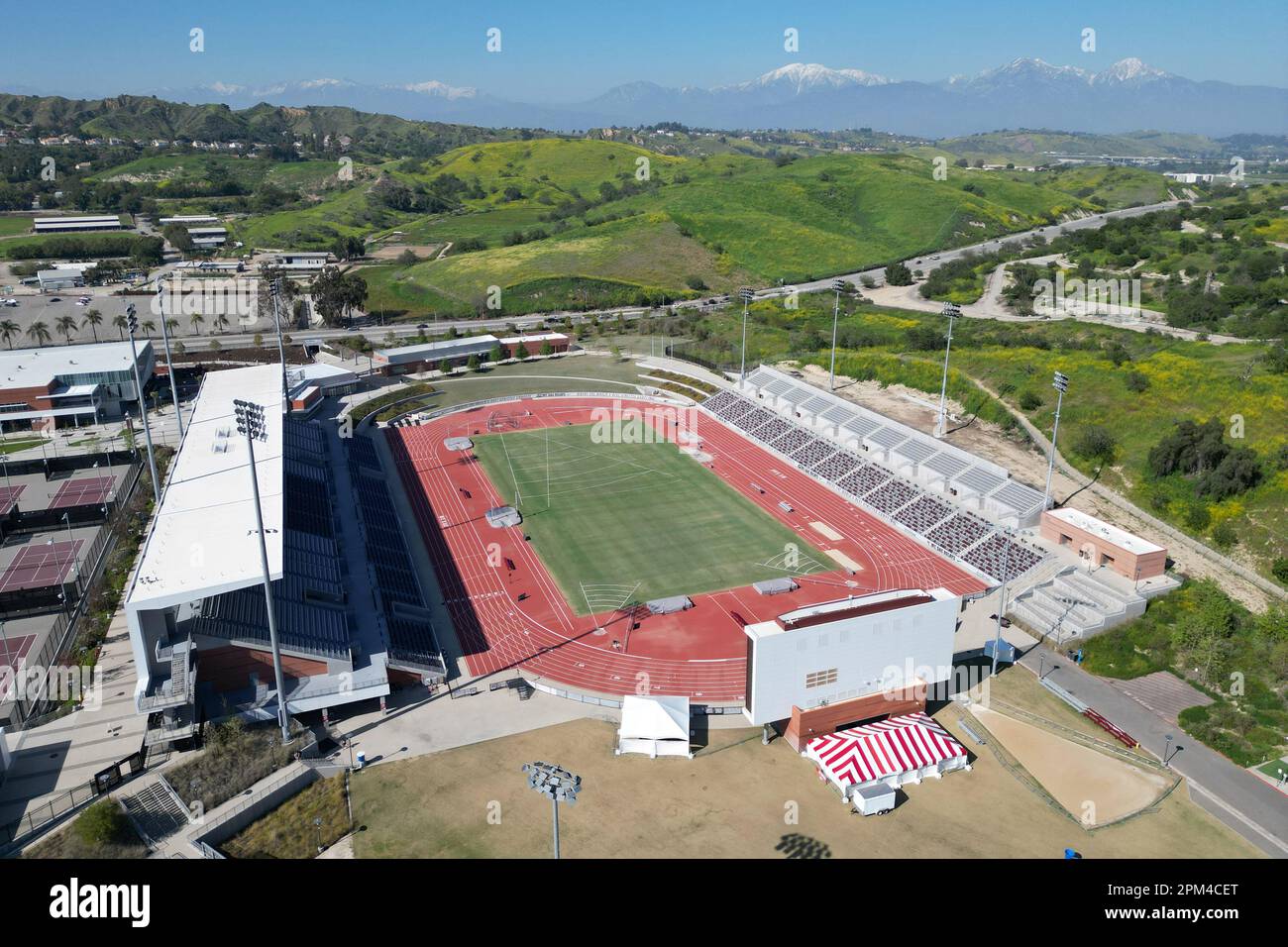 A general overall aerial view of Hilmer Lodge Stadium on the campus of ...