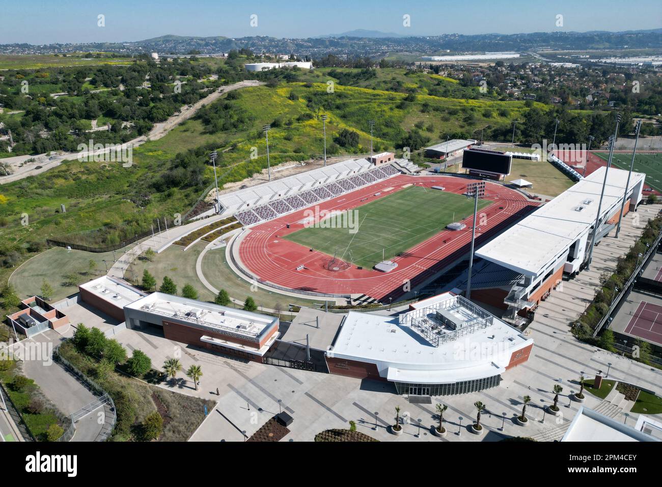 A general overall aerial view of Hilmer Lodge Stadium on the campus of ...