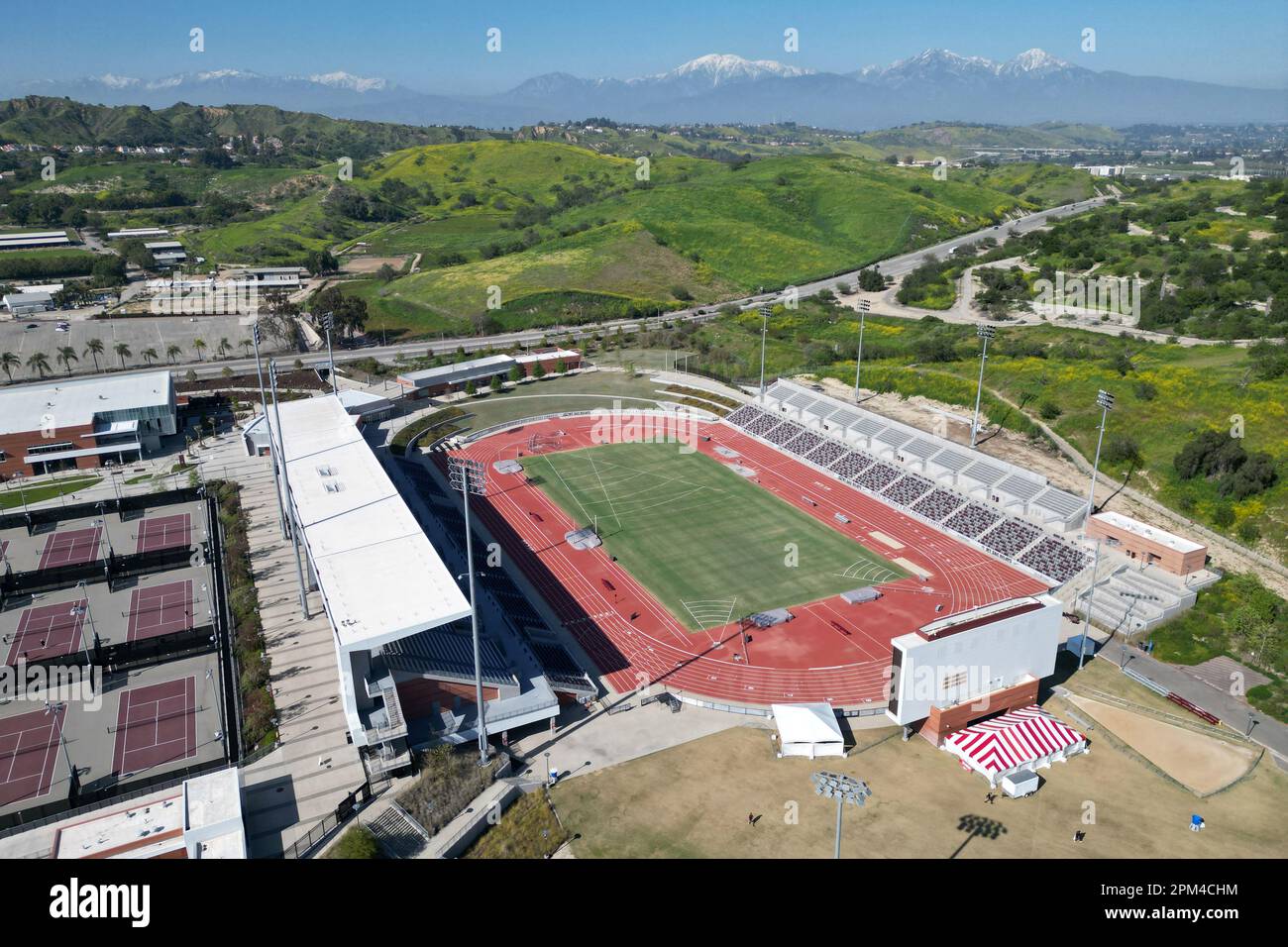 A general overall aerial view of Hilmer Lodge Stadium on the campus of ...