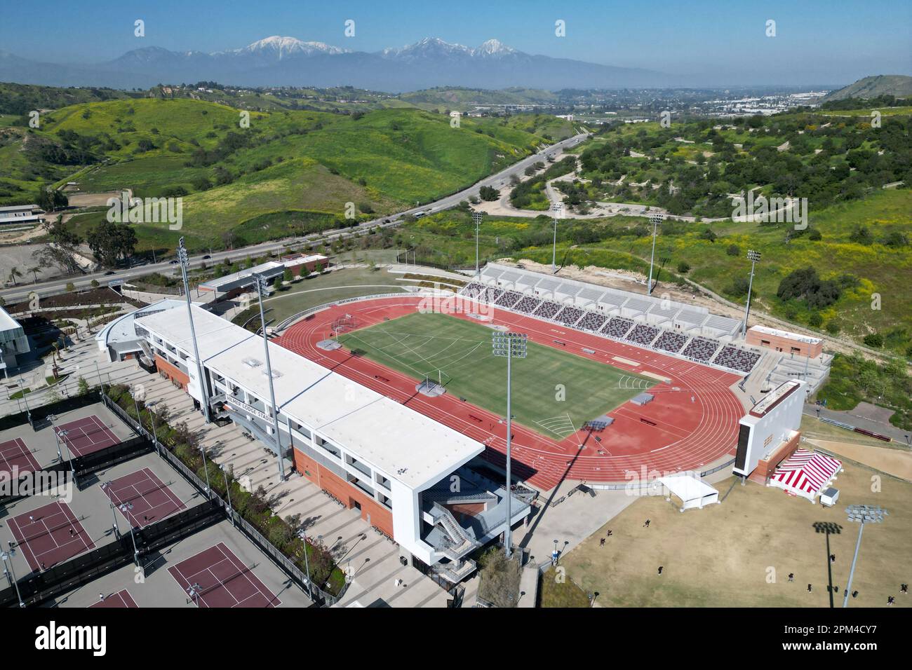 A general overall aerial view of Hilmer Lodge Stadium on the campus of ...