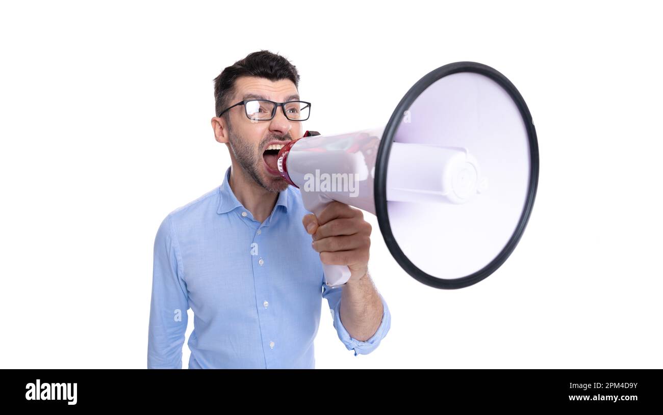 man announcing with anger in megaphone at studio. shouting man ...