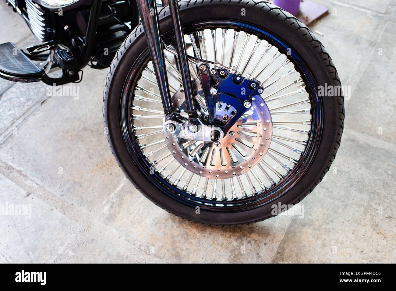 Detailed custom chrome spoke wheel of custombike custom motorcycle or ...