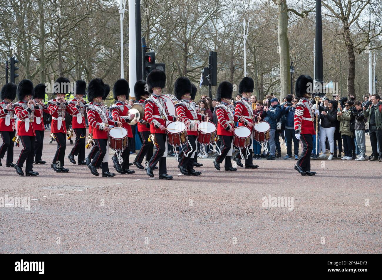Guards band in ceremonial uniform with bearskins marching on The Mall ...