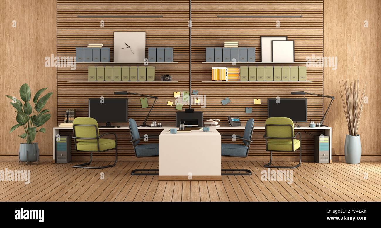 Modern office with two workstations and wood paneling on background ...