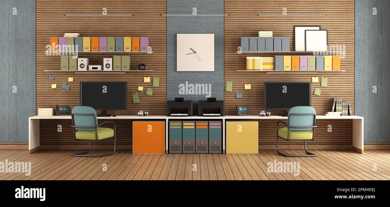 Colorful modern office with two workstations,pc and wood paneling on ...