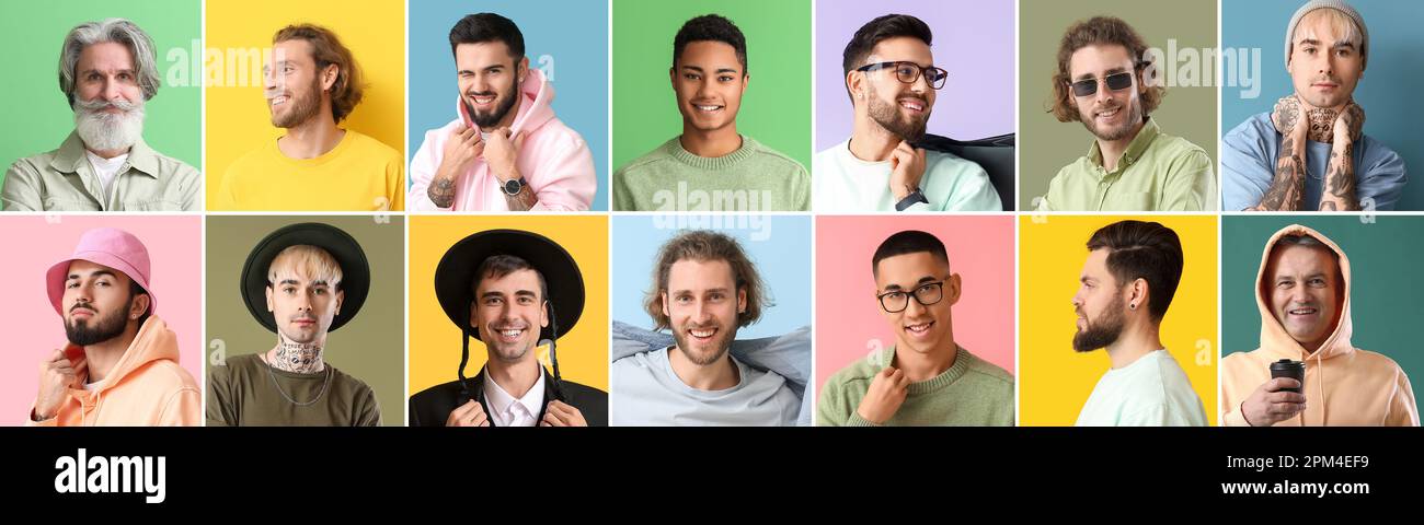 Collage of different modern men on color background Stock Photo - Alamy