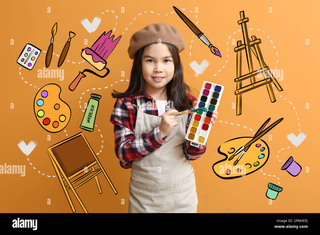 Cute little artist on orange background Stock Photo - Alamy