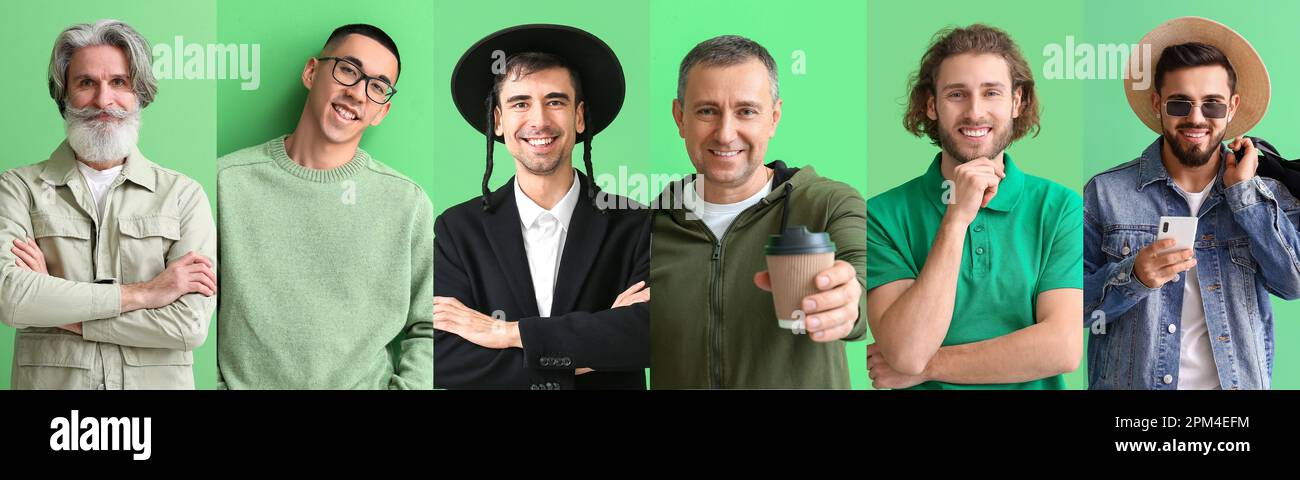 Collage of different modern men on green background Stock Photo - Alamy