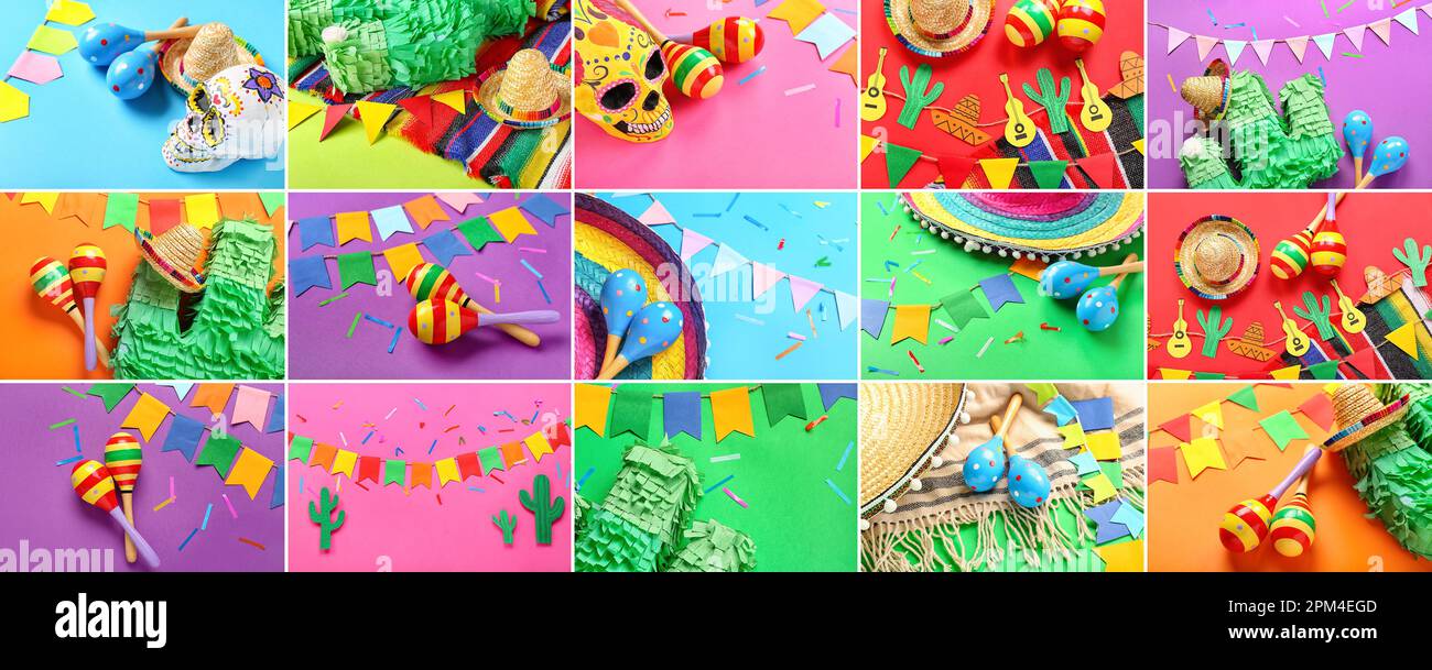 Collage with different Mexican symbols on colorful background Stock ...