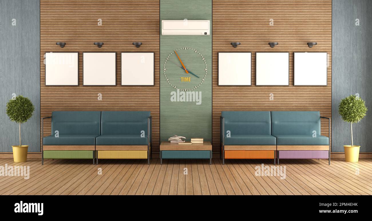 Waiting room of a modern office with wooden panelling and colorful ...