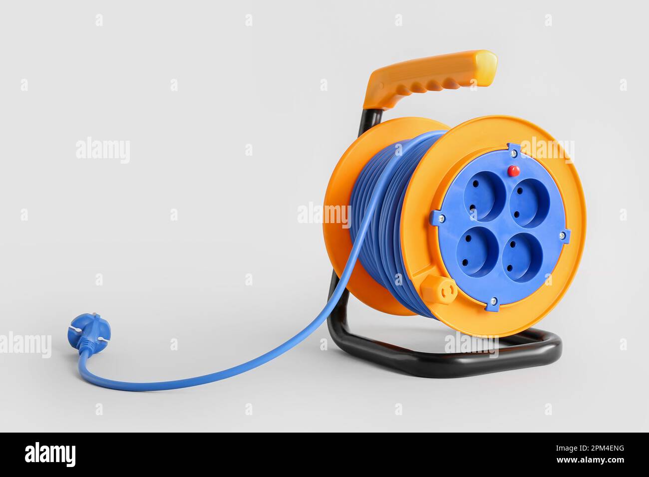 Blue extension electric cable reel on white background Stock Photo - Alamy