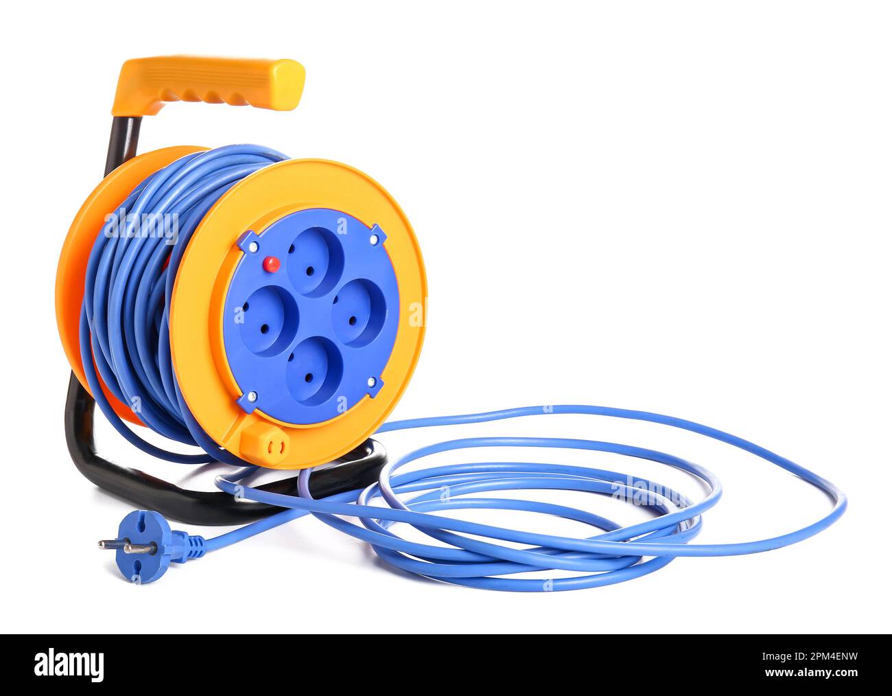 Extension electric cable reel on white background Stock Photo - Alamy