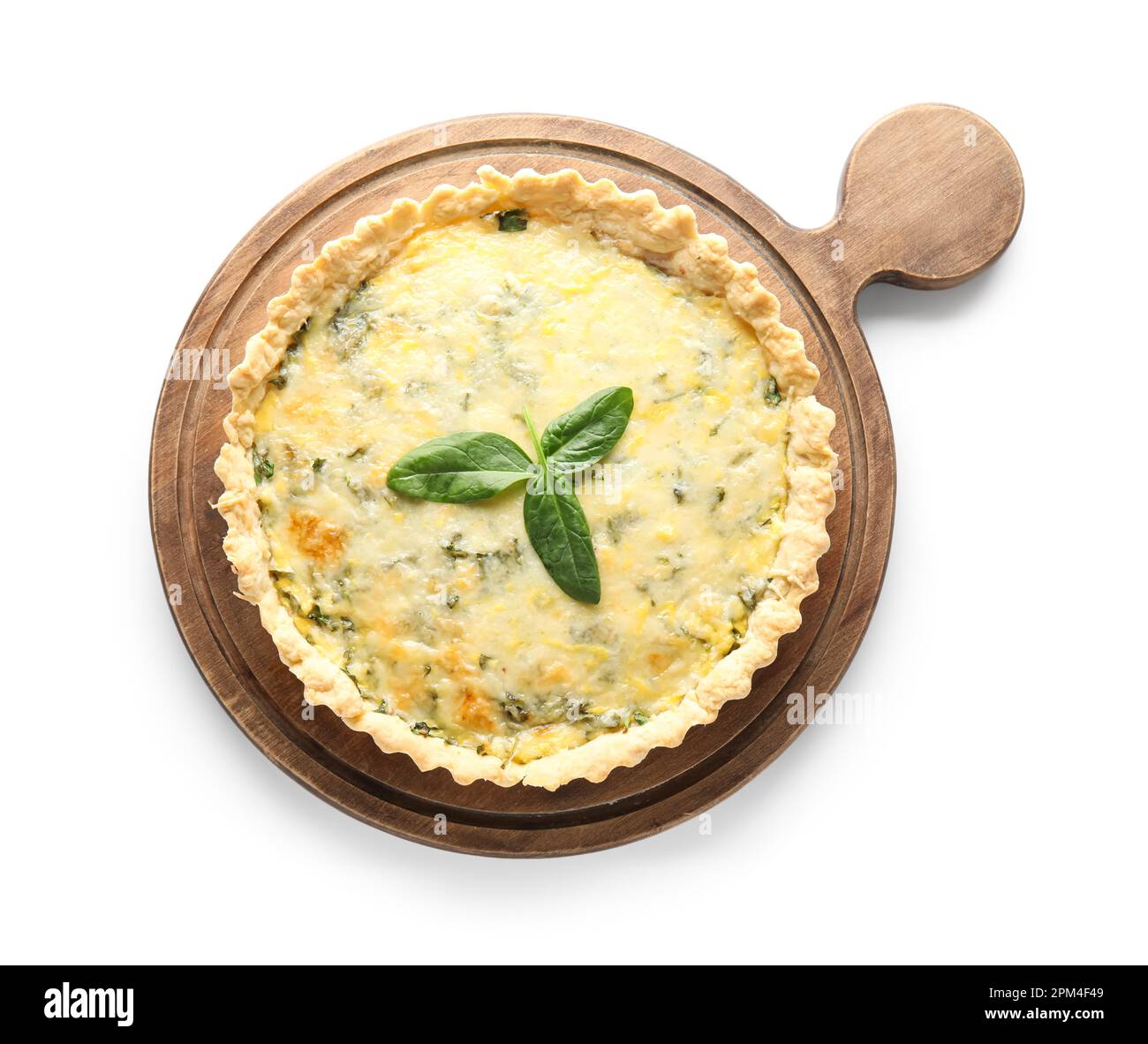 Board with delicious quiche isolated on white background Stock Photo ...