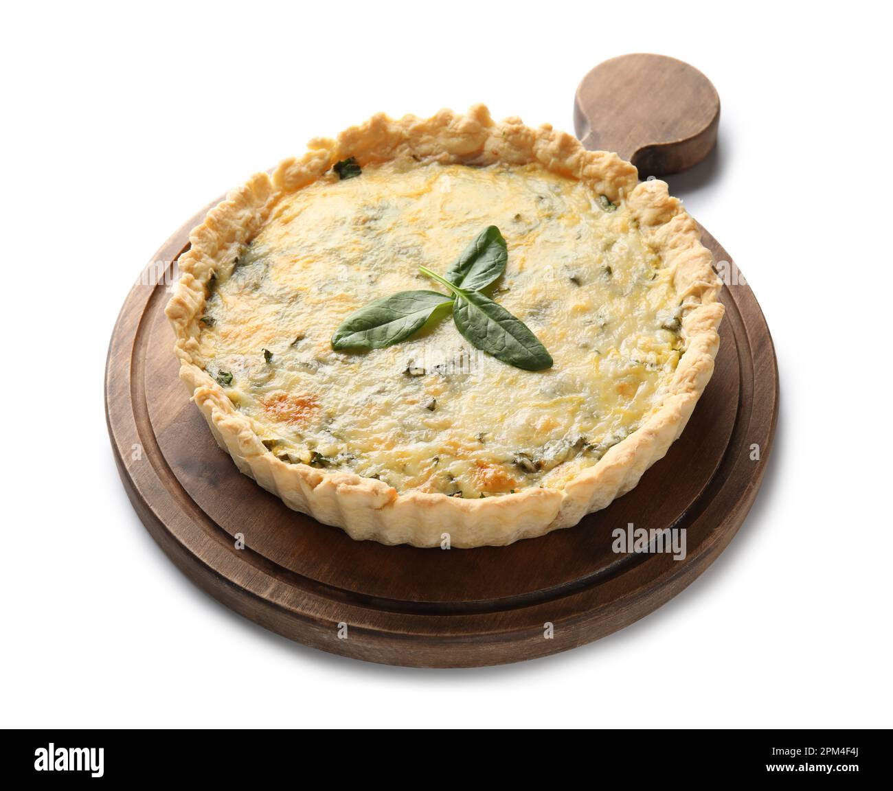 Board with delicious quiche isolated on white background Stock Photo ...