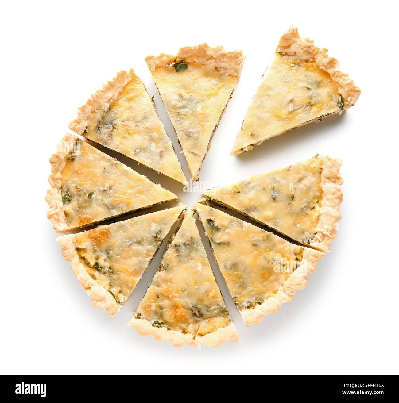 Pieces of delicious quiche isolated on white background Stock Photo - Alamy