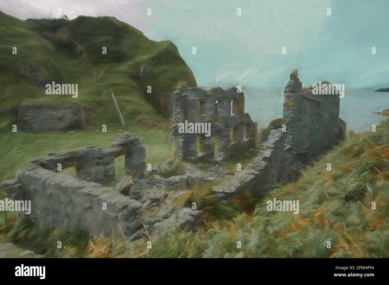 Digital painting of the abandoned ruined factory buildings of the ...