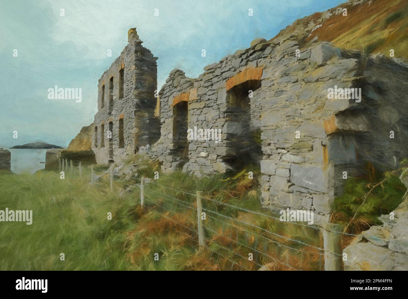 Digital painting of the abandoned ruined factory buildings of the ...
