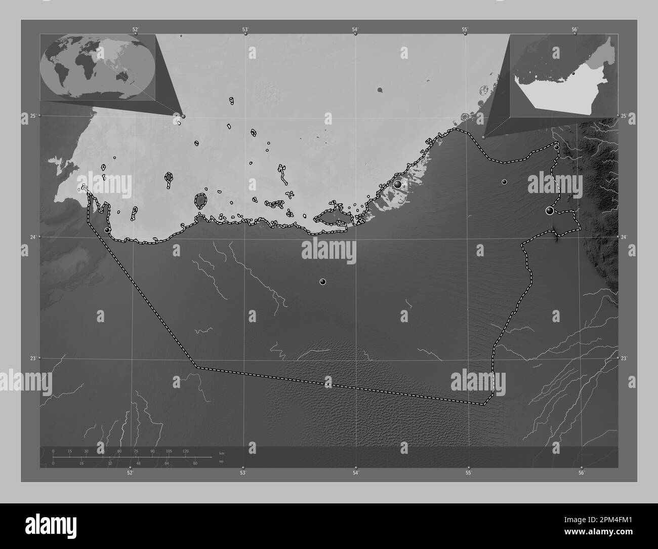 Abu Dhabi, emirate of United Arab Emirates. Grayscale elevation map ...