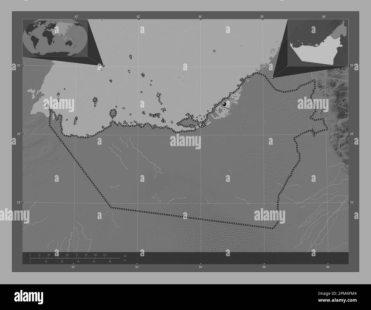 Abu Dhabi, emirate of United Arab Emirates. Bilevel elevation map with ...