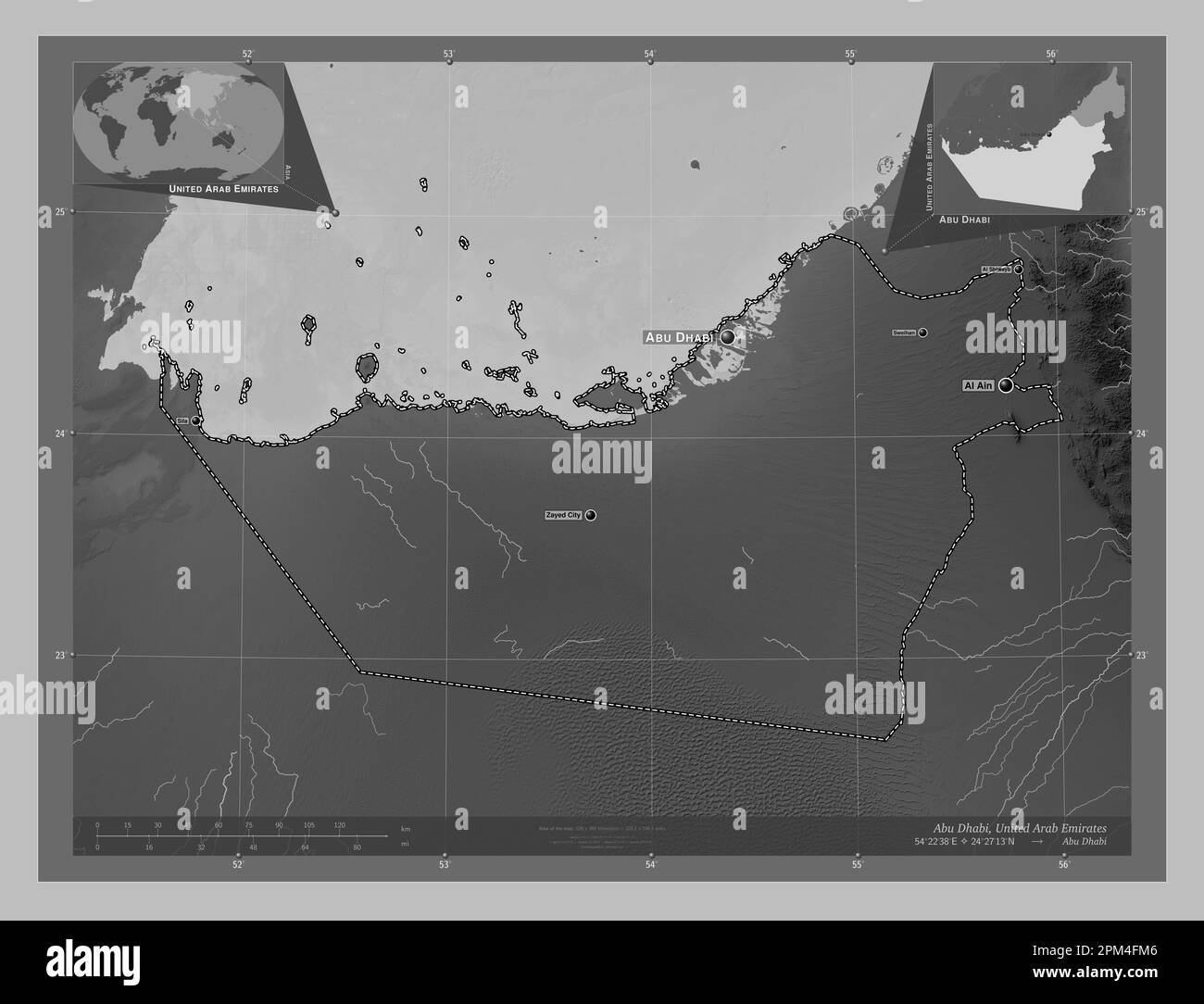 Abu Dhabi, emirate of United Arab Emirates. Grayscale elevation map ...