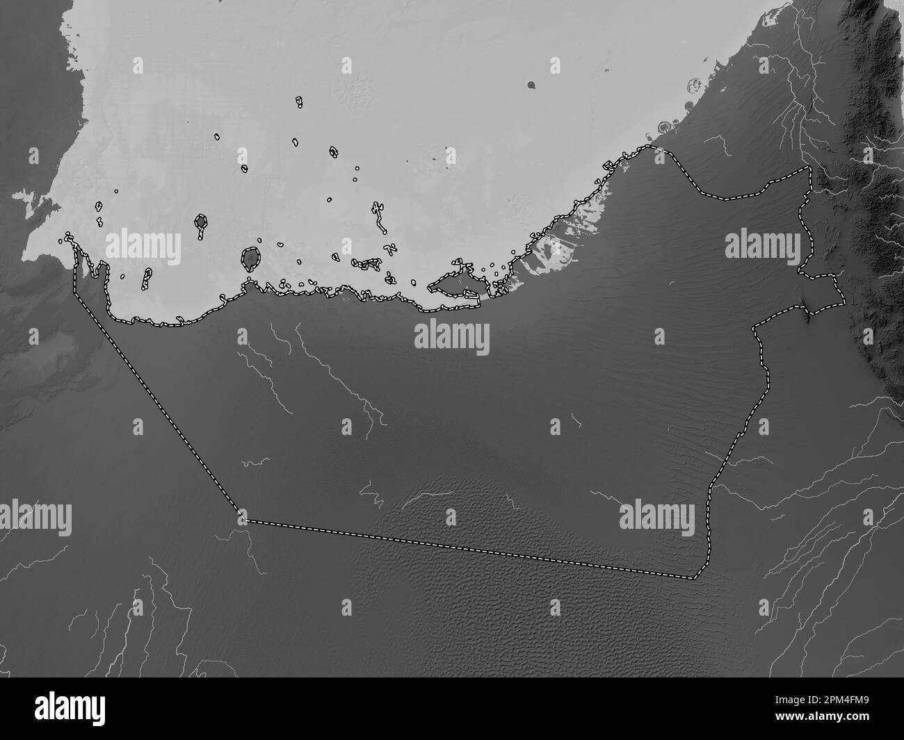 Abu Dhabi, emirate of United Arab Emirates. Grayscale elevation map ...