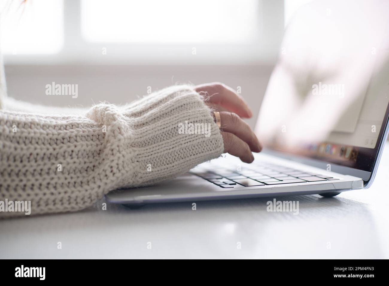 Female hands using laptop keyboard closeup. Home office concept Stock ...
