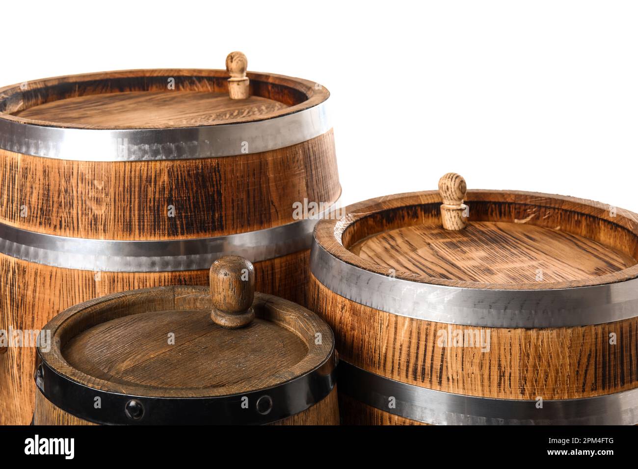 Oak barrels with metal hoops isolated on white background Stock Photo ...