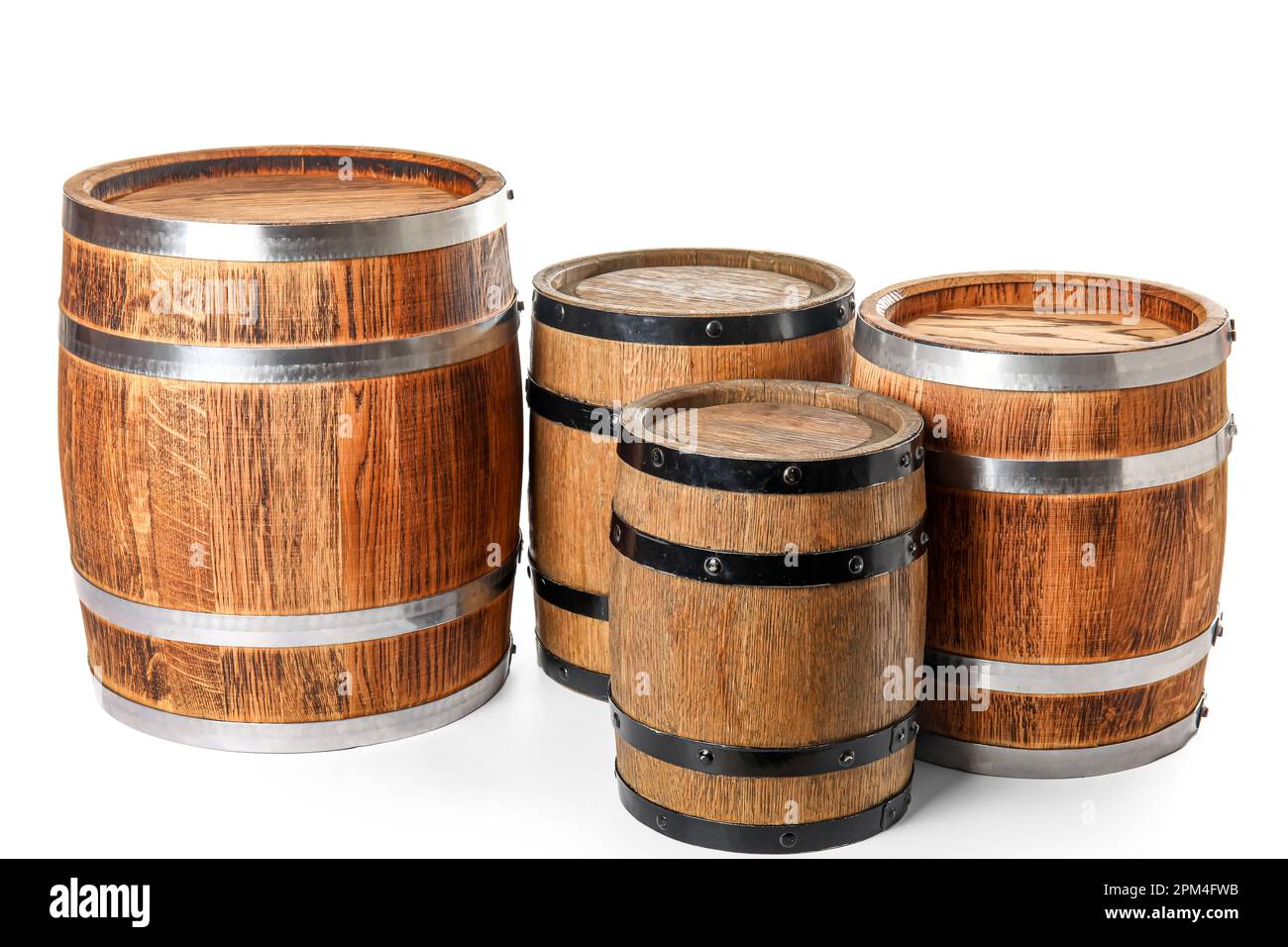 Oak barrels with metal hoops isolated on white background Stock Photo ...
