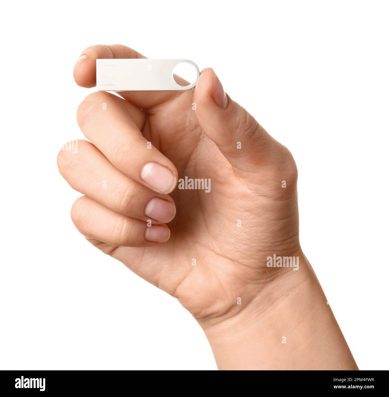 Woman holding metallic USB flash drive isolated on white background ...