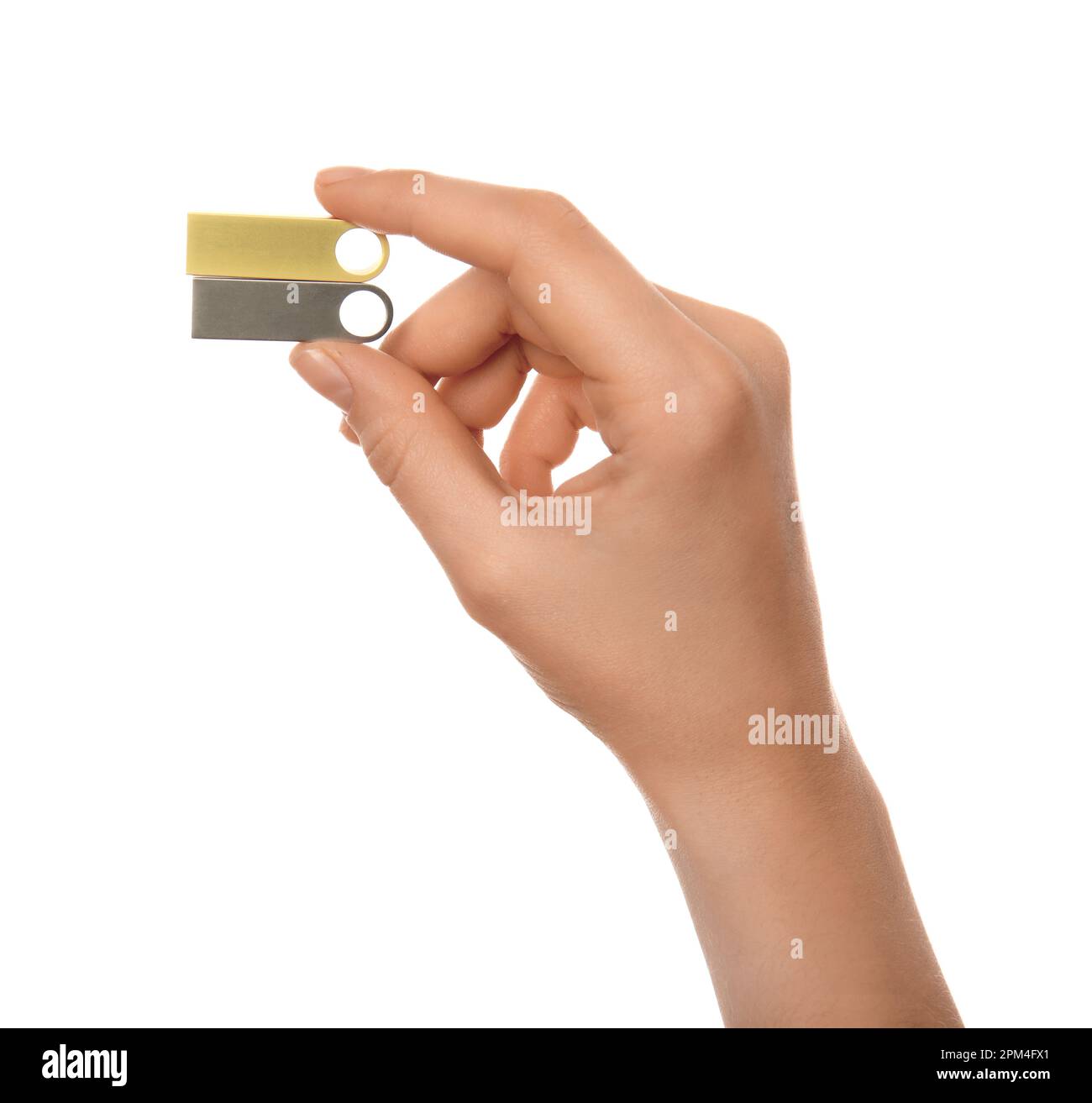 Female hand holding USB flash drives isolated on white background Stock ...