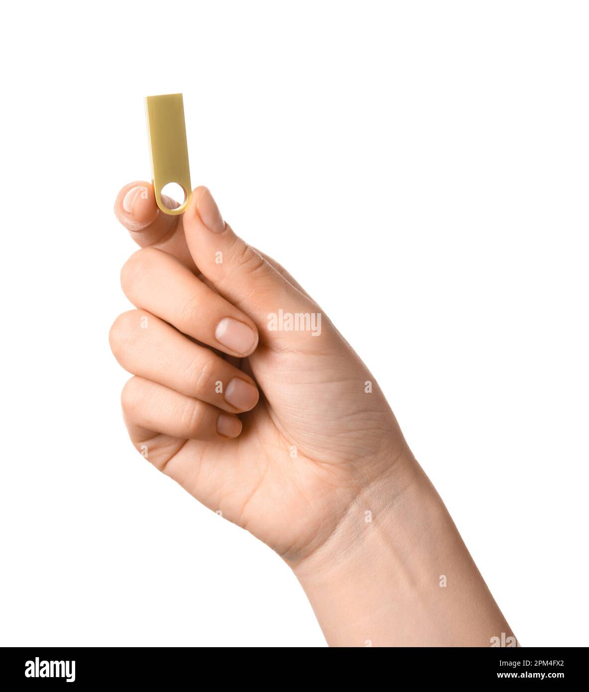 Woman holding golden USB flash drive isolated on white background Stock ...