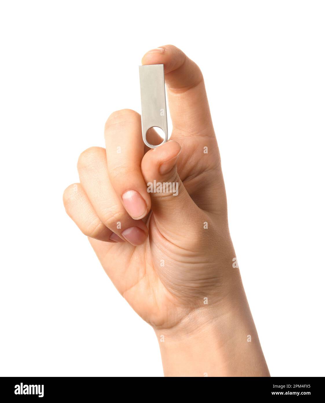 Woman holding metallic USB flash drive isolated on white background ...