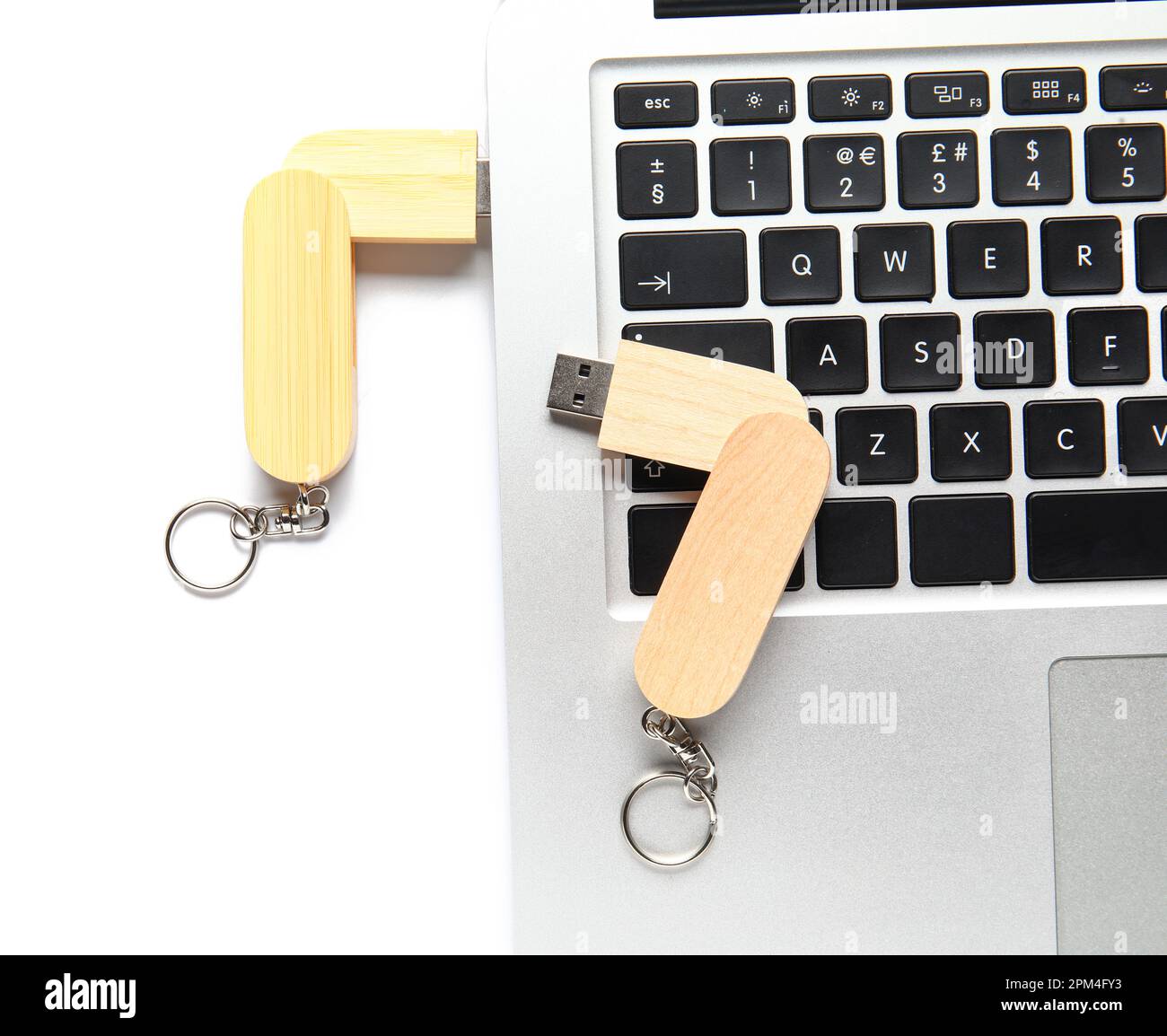 Modern laptop with wooden USB flash drives isolated on white background ...