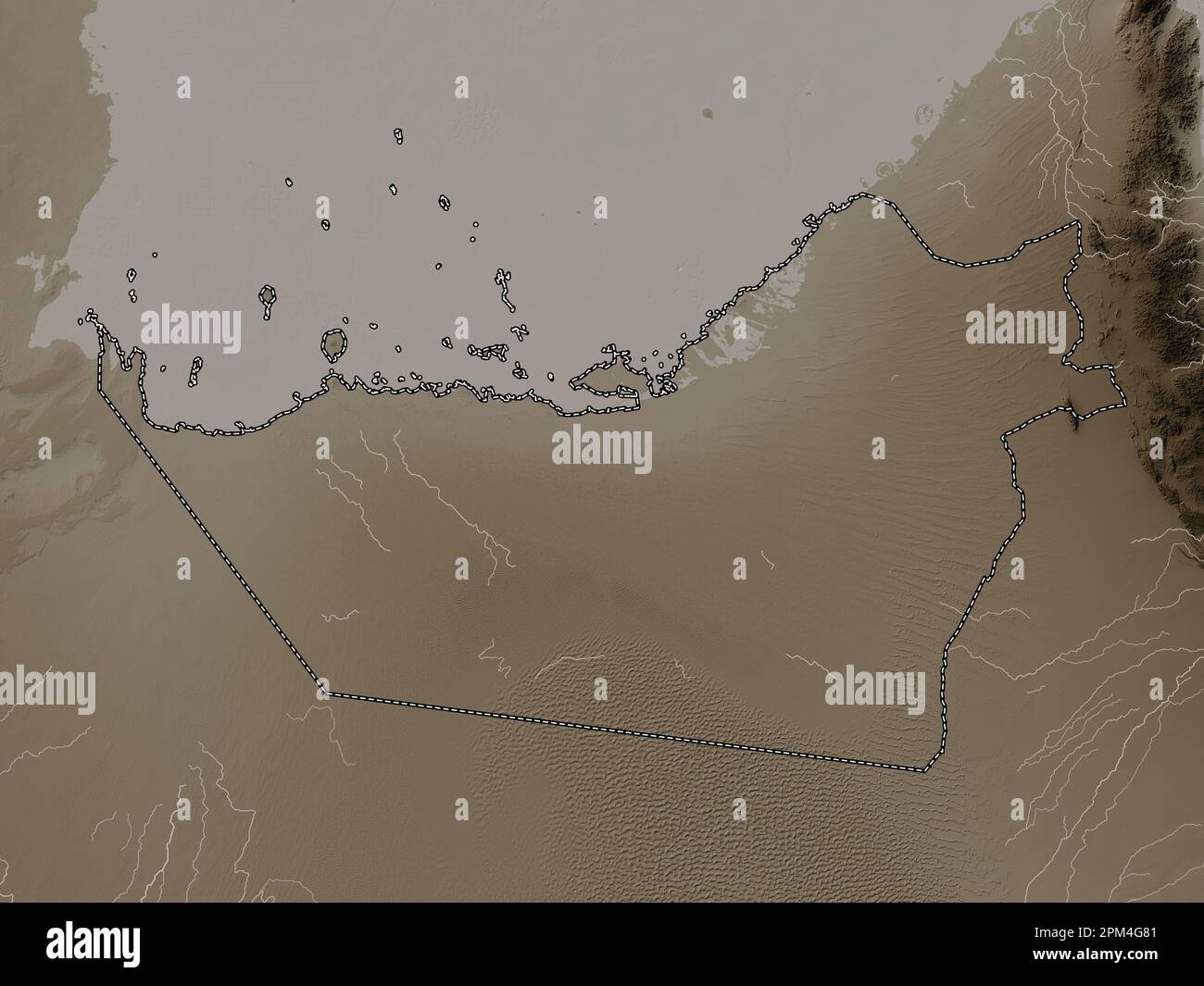 Abu Dhabi, emirate of United Arab Emirates. Elevation map colored in ...