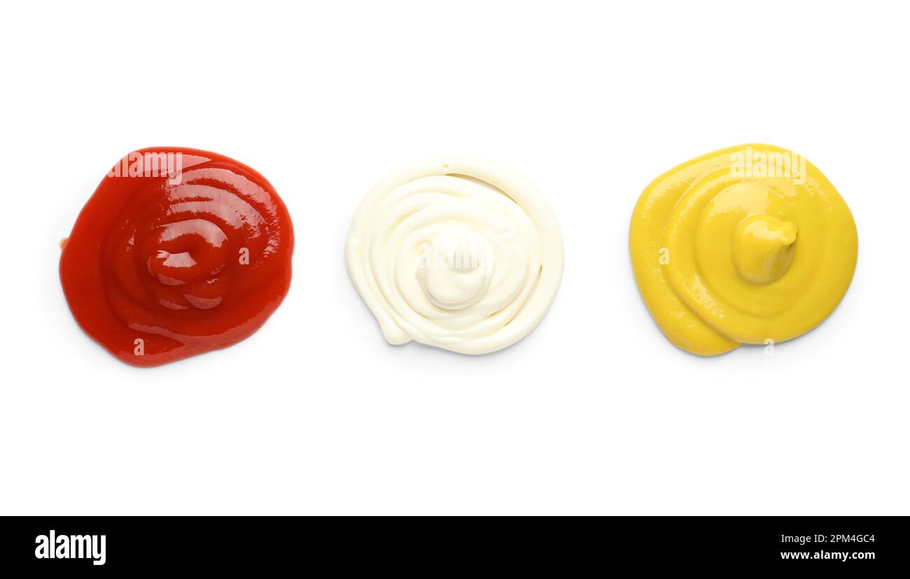 Samples of ketchup, mayonnaise and mustard isolated on white background ...