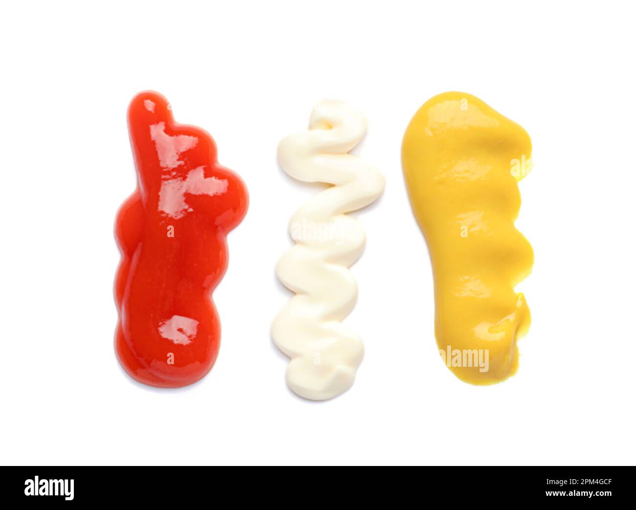 Samples of ketchup, mayonnaise and mustard isolated on white background ...