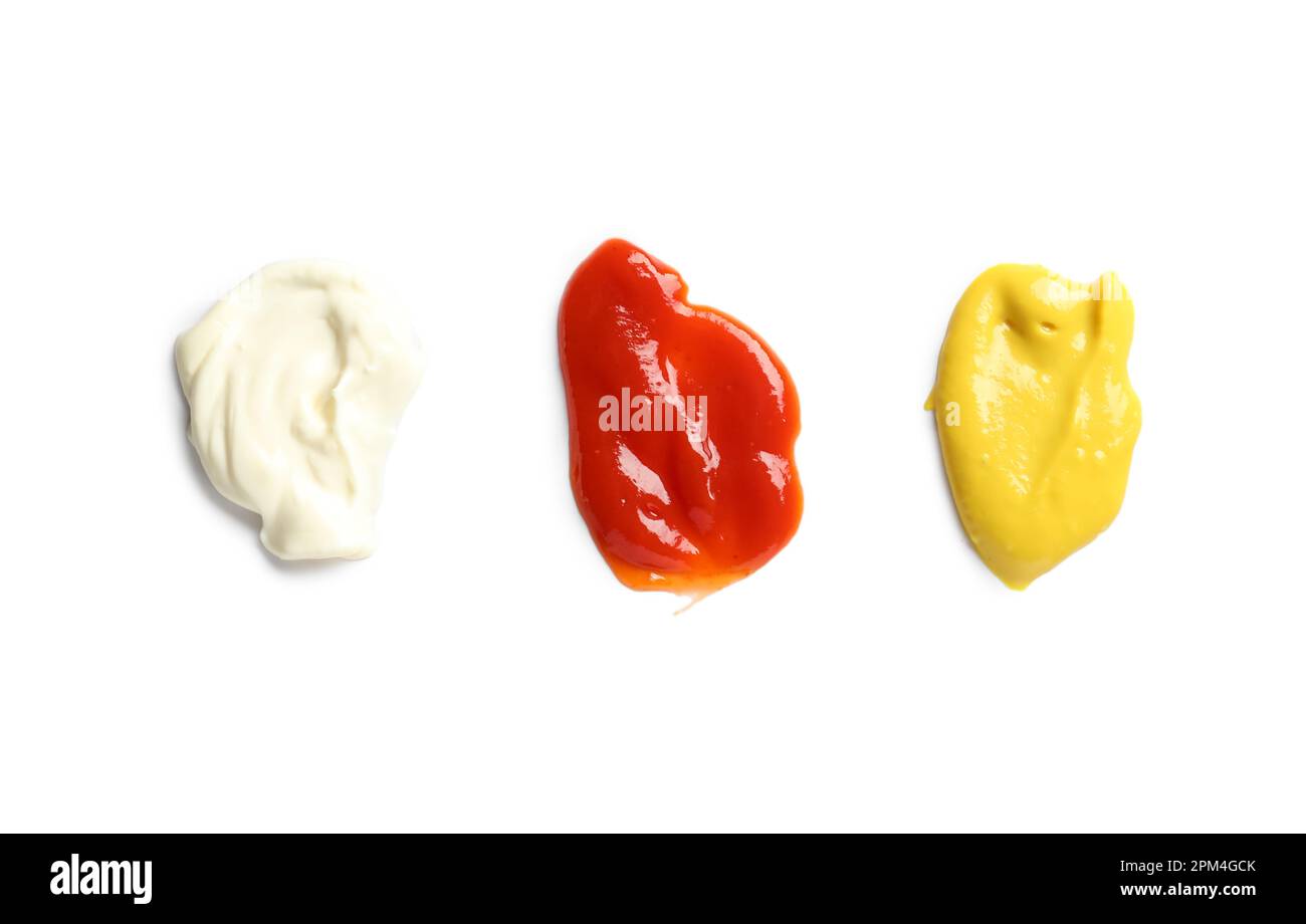 Samples of ketchup, mayonnaise and mustard isolated on white background ...