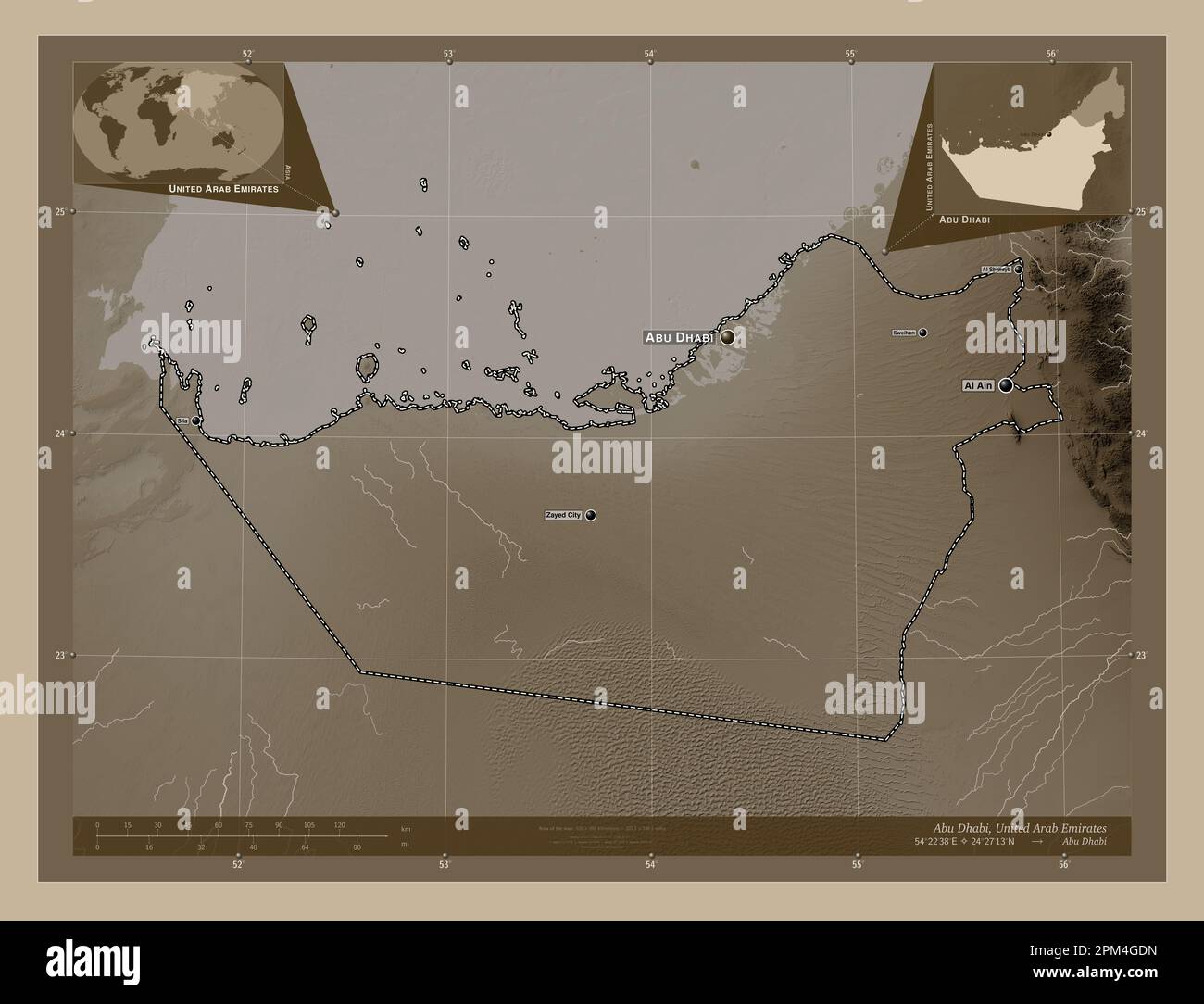 Abu Dhabi, emirate of United Arab Emirates. Elevation map colored in ...